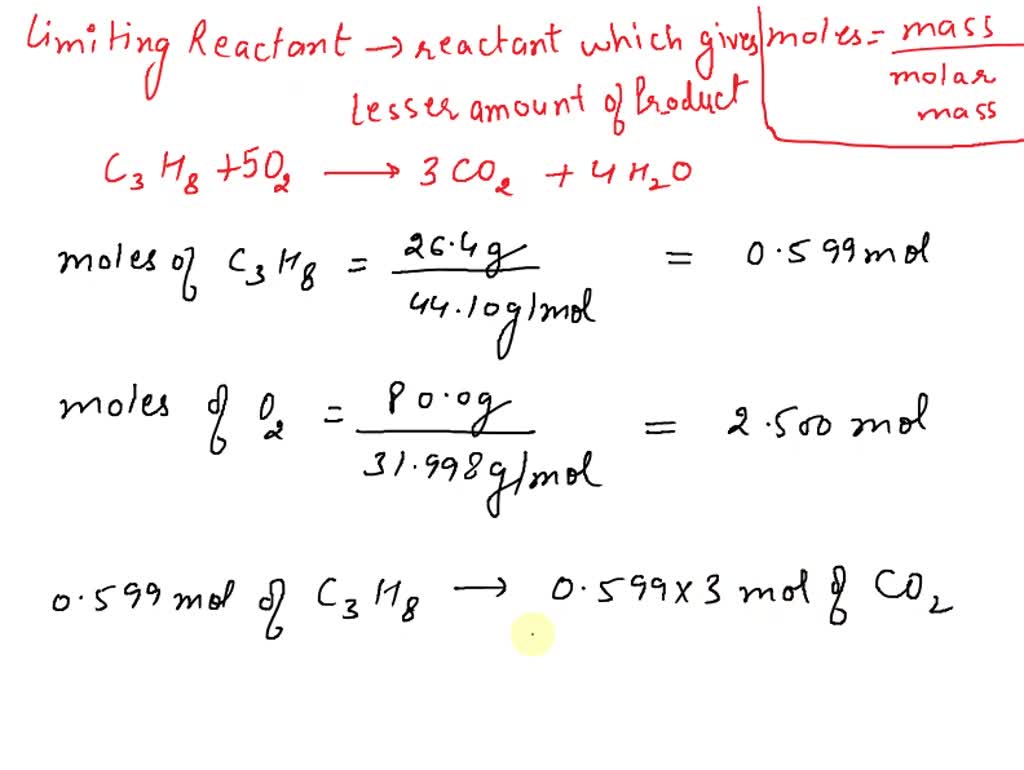 SOLVED: Propane (C3H8) reacts with oxygen the air t0 produce carbon dioxide and water. In a ...