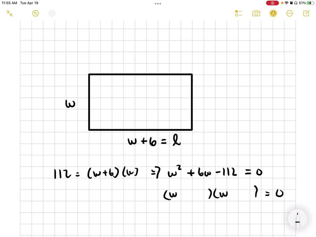 SOLVED: Find the dimensions of a rectangle whose width is 6 miles less than its length and whose ...