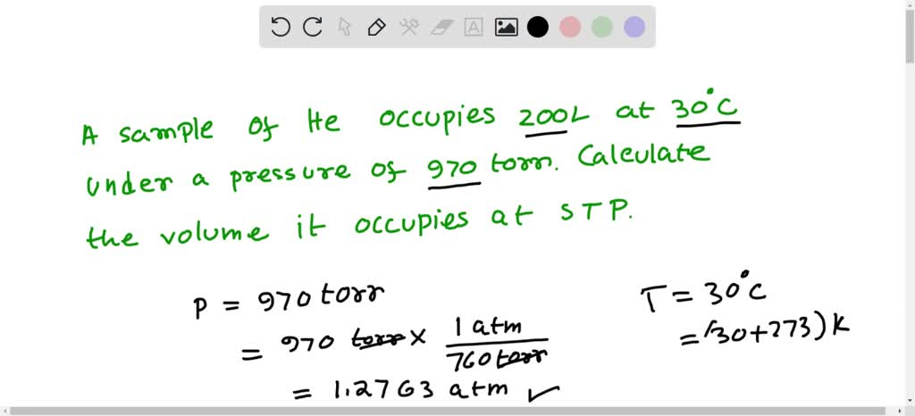 SOLVED: A sample of Helium occupies 200 L at 30ÂºC under a pressure of ...