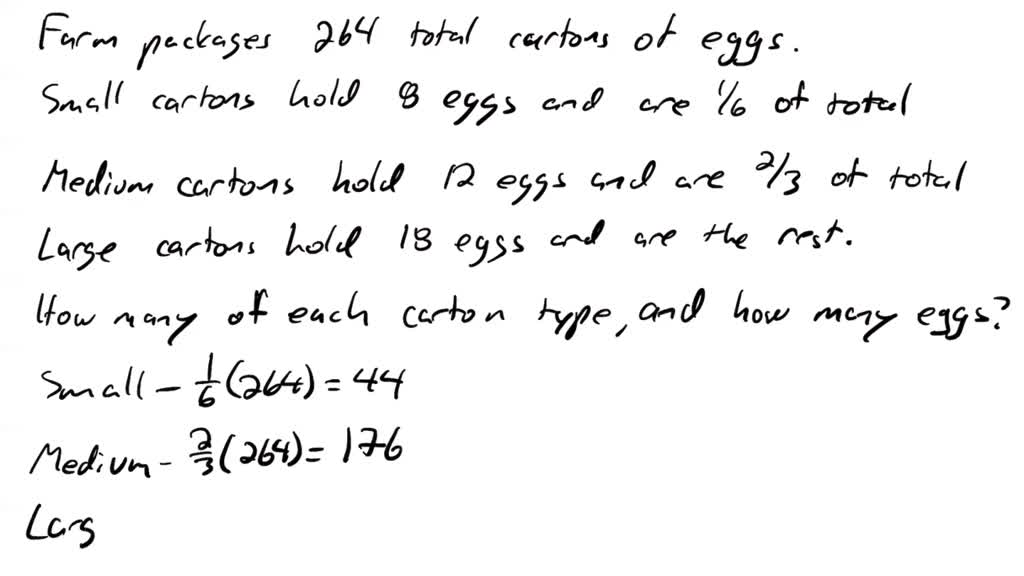 An egg farm packages 264 total cartons of eggs each month. The Farm has ...