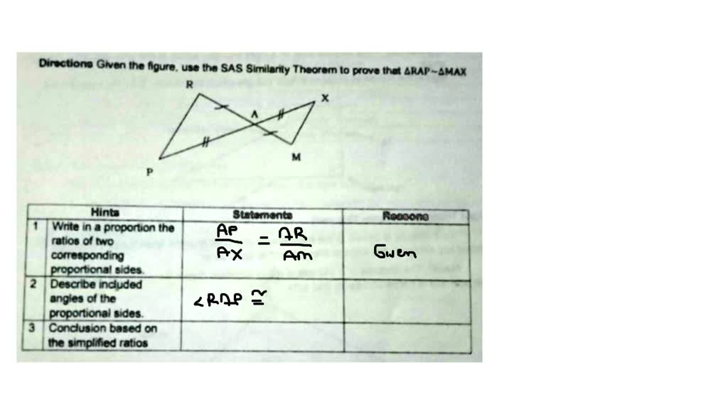 SOLVED: Directions: Given the figure, use the SAS Similarity Theorem to prove that âˆ†RAP âˆ†MAX ...