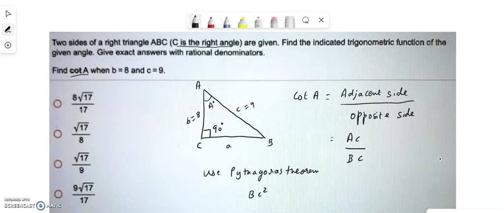 SOLVED: Two sides of a right triangle ABC (C is the right angle) are ...
