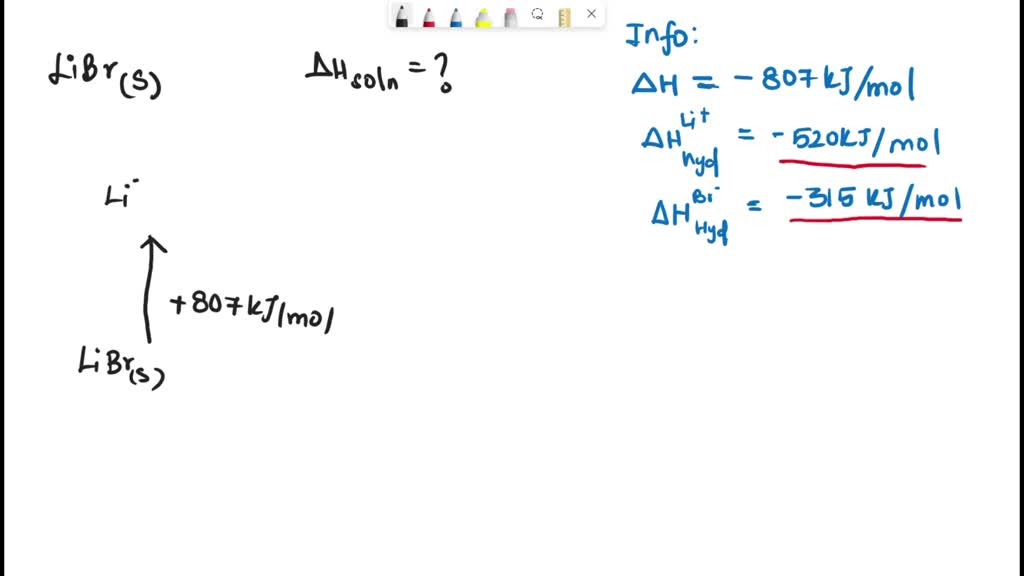 SOLVED: The lattice energy of LiBr(s) is -807 kJ/mol. The hydration ...