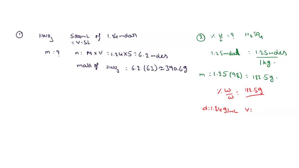 SOLVED: 1. What mass of nitric acid (HNO3) is present in 5000 mL; 1.24 molar solution? 2. What ...
