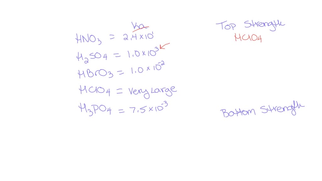 SOLVED: Place the following acids of increasing strength using the Ka values: HNO3, H2SO4, HBrO3 ...