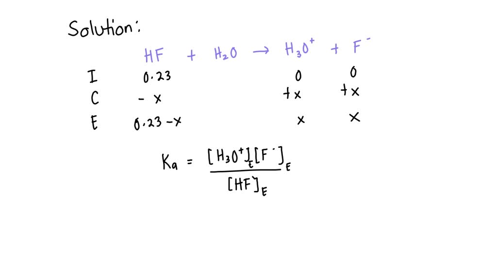 SOLVED: Calculate the pH of a solution of 0.23 M HF solution. The Ka for HF is 7.2 x 10-4.