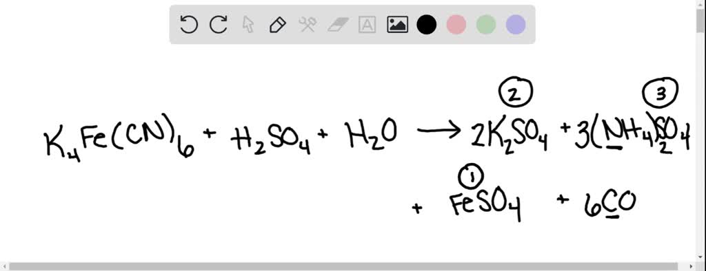 SOLVED: In steps Balance the chemical equation: K4Fe(CN)6 + H2SO4 + H2O ...