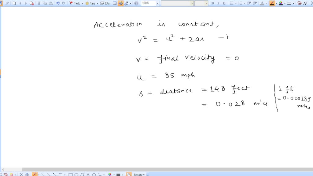 SOLVED: A car going 85 mph stops in 148 feet. Find the acceleration ...