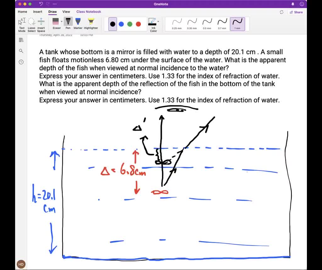 SOLVED: 27) A tank whose bottom is a mirror is filled with water to a ...