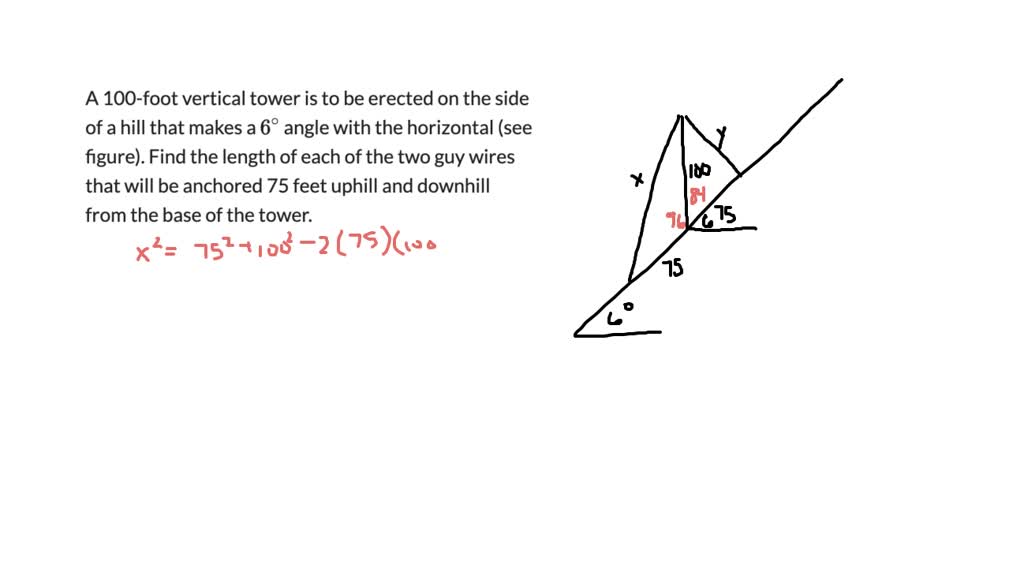 SOLVED: A 100-foot vertical tower is to be erected on the side of a hill that makes a 6^∘ angle ...