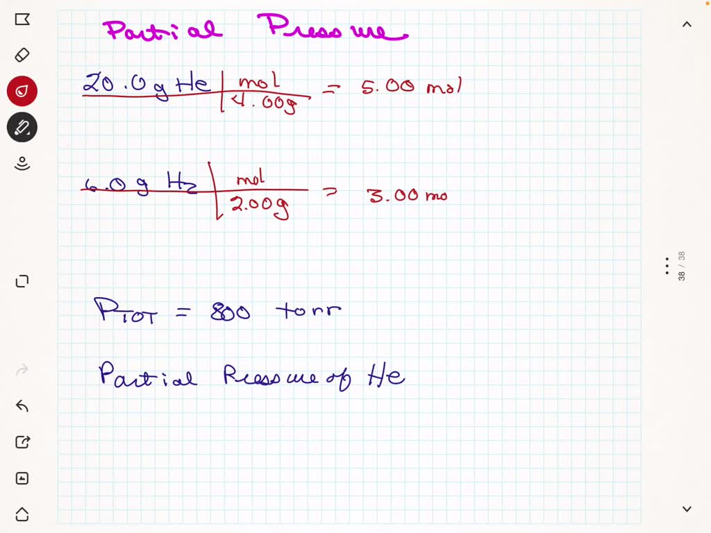 A gas mixture contains 20.0 g He gas and 6.0 g hydrogen gas at a total pressure of 800 torr ...