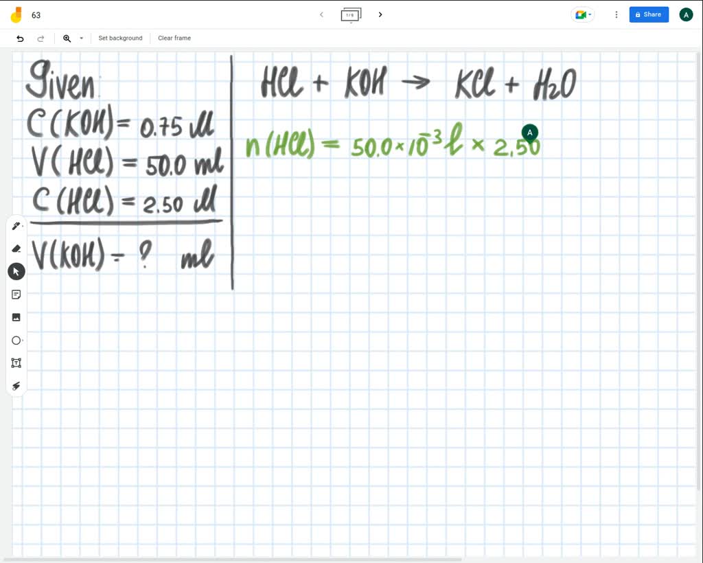 SOLVED: How many milliliters of 0.75 M KOH must be added to neutralize 50.0 mL of 2.50 M HCl?