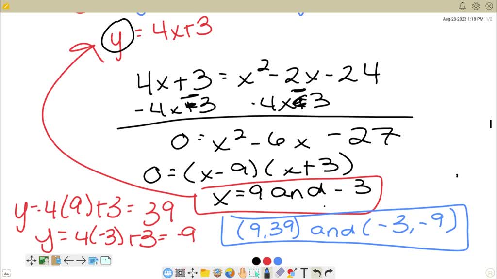 SOLVED: (a) Find the point(s) of intersection of the line 4 x-y+3=0 and the parabola y=x^2-2 x ...