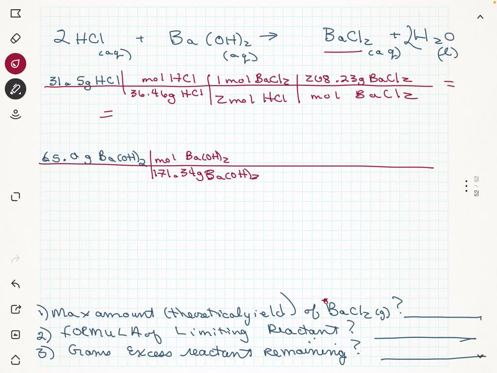 SOLVED: For the following reaction, 31.5 grams of hydrochloric acid are allowed to react with 65 ...
