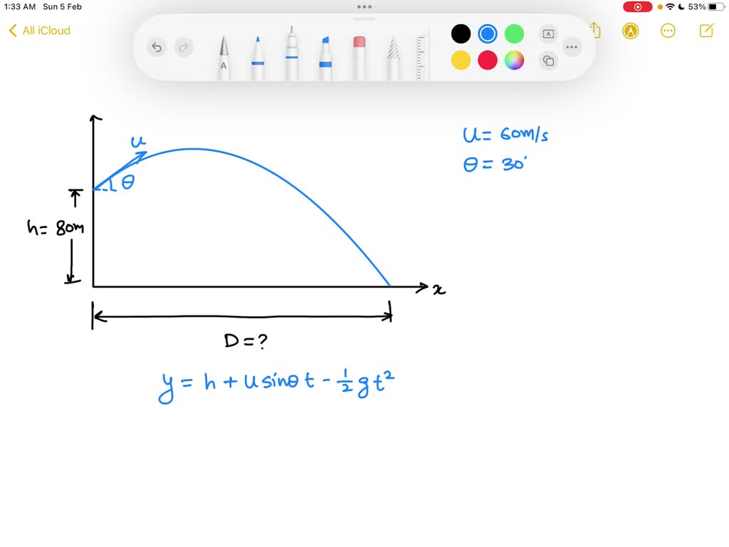 SOLVED: 'A projectile is fired with a initial velocity of 60 m/s, upward at an angle of 30 ...