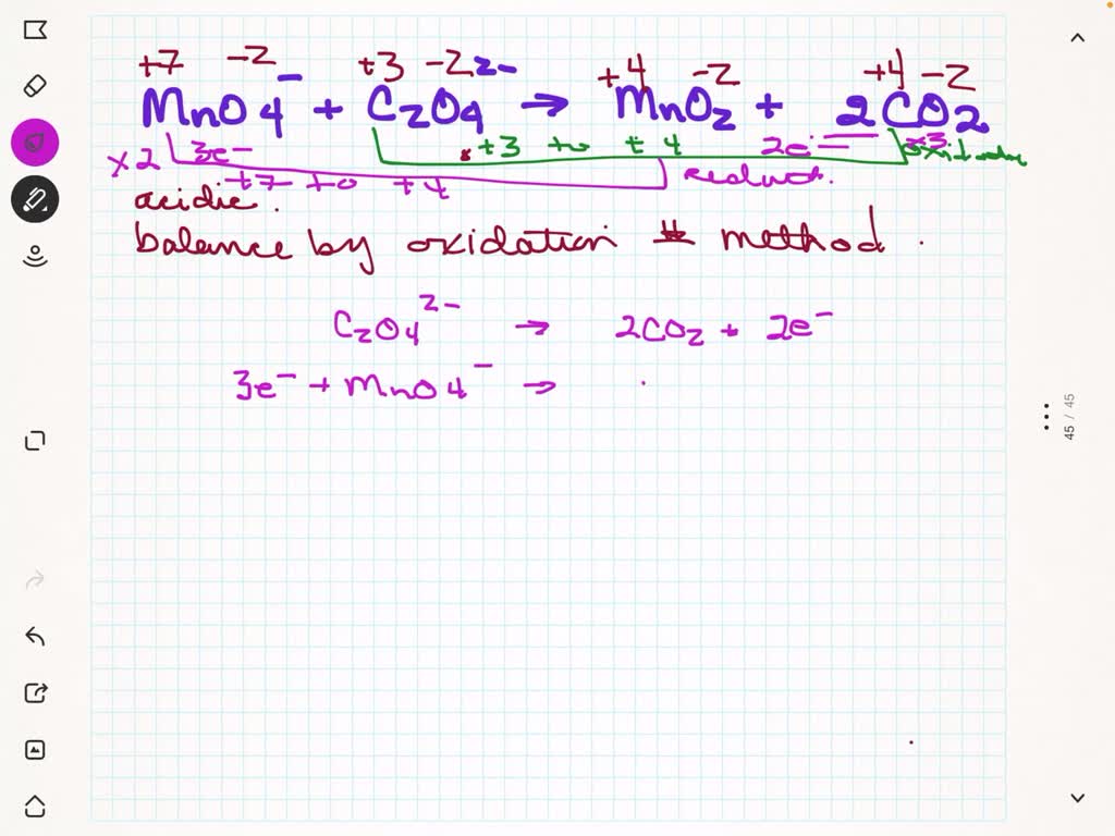 SOLVED: Balance this redox reaction (acidic solution) MnO4 -1 + C2O4-2 ...