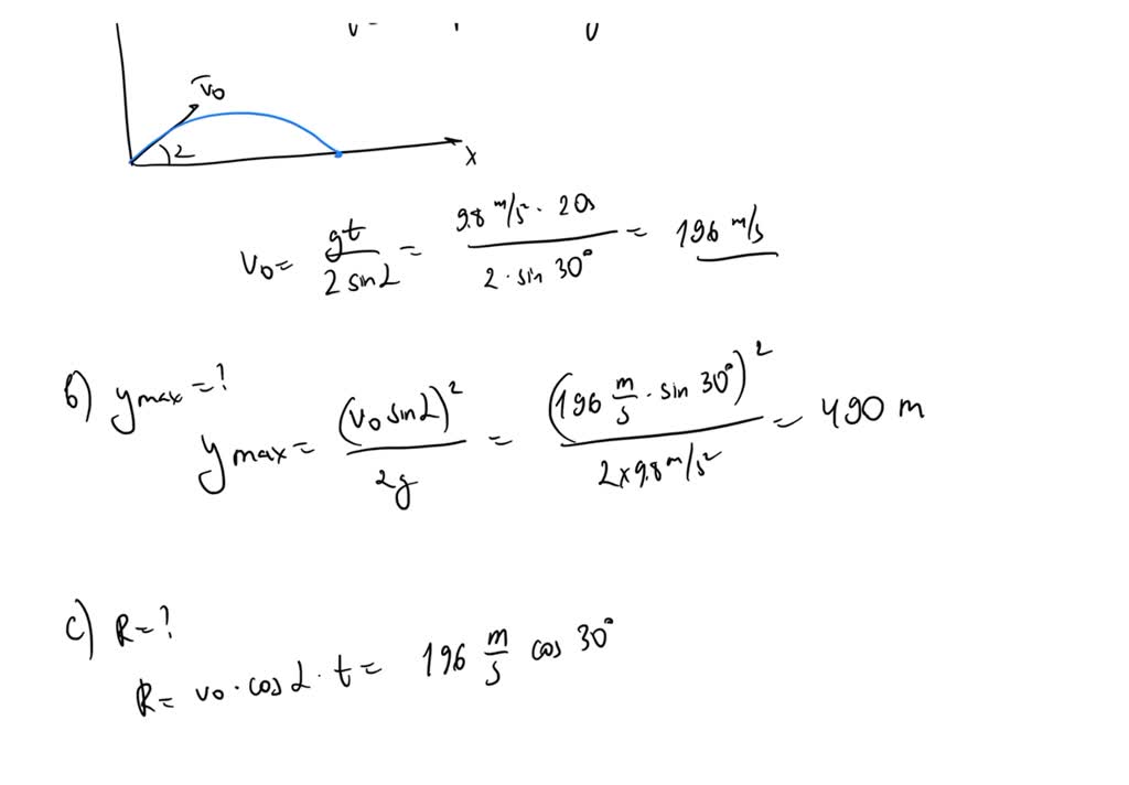 SOLVED: 39. A projectile is launched at an angle of 30^∘ and lands 20 s ...
