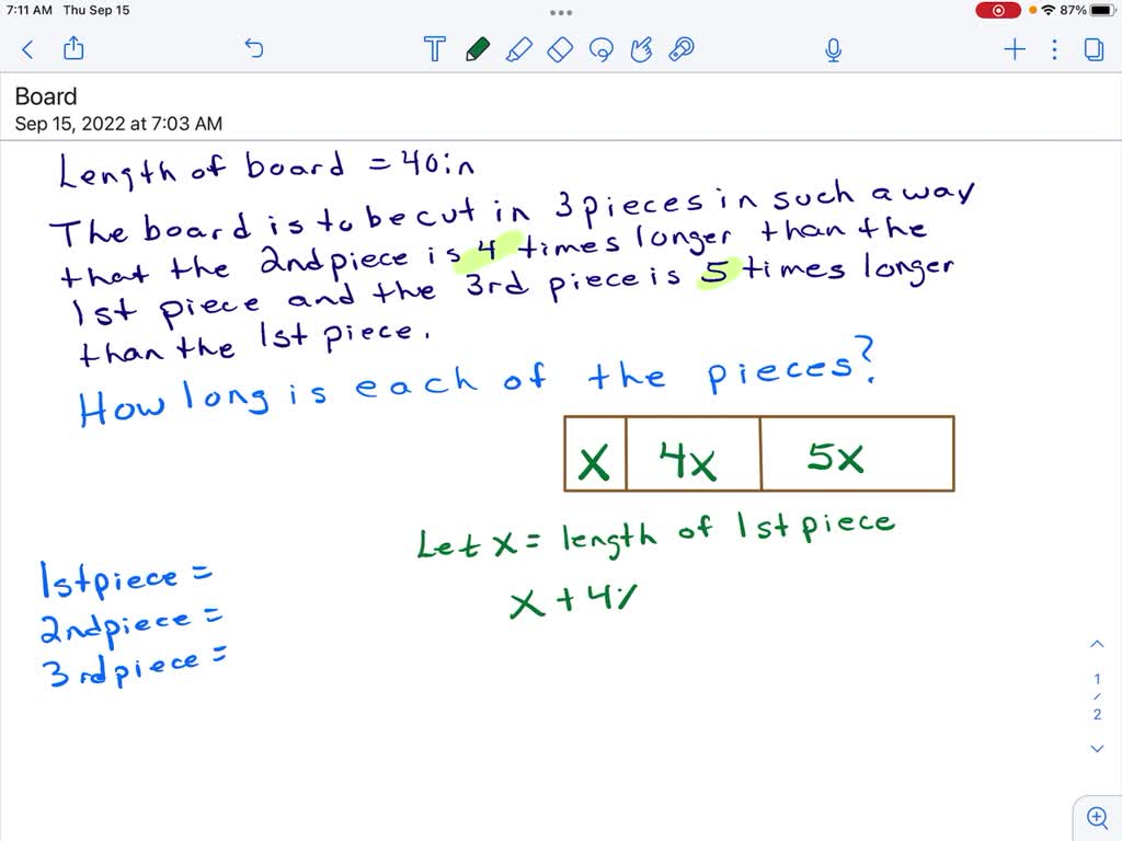 SOLVED: 40 inch board is to be cut into three pieces so that the second ...