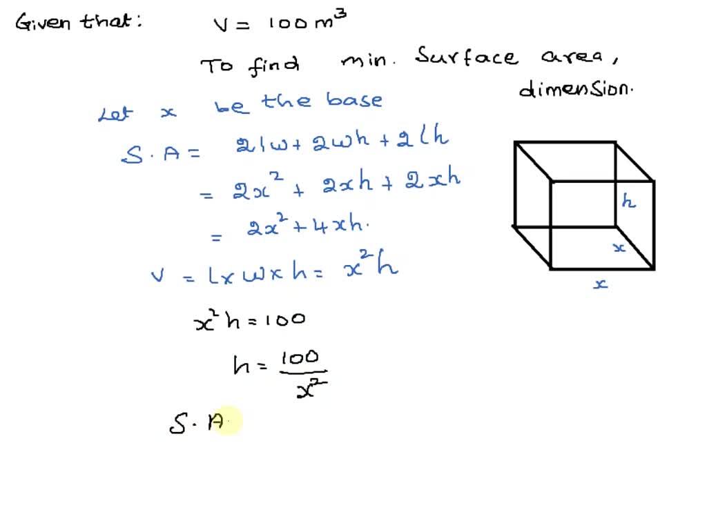 SOLVED: Of all shipping boxes with a square base and volume of 500in^3 which one has minimum ...