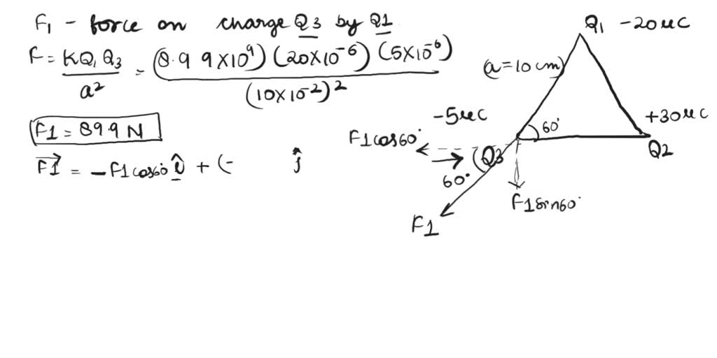 SOLVED: Three charges Q1 = -20 ÂµC, Q2 = +30 ÂµC, and Q3 = -5.0 pC are located at three corners ...