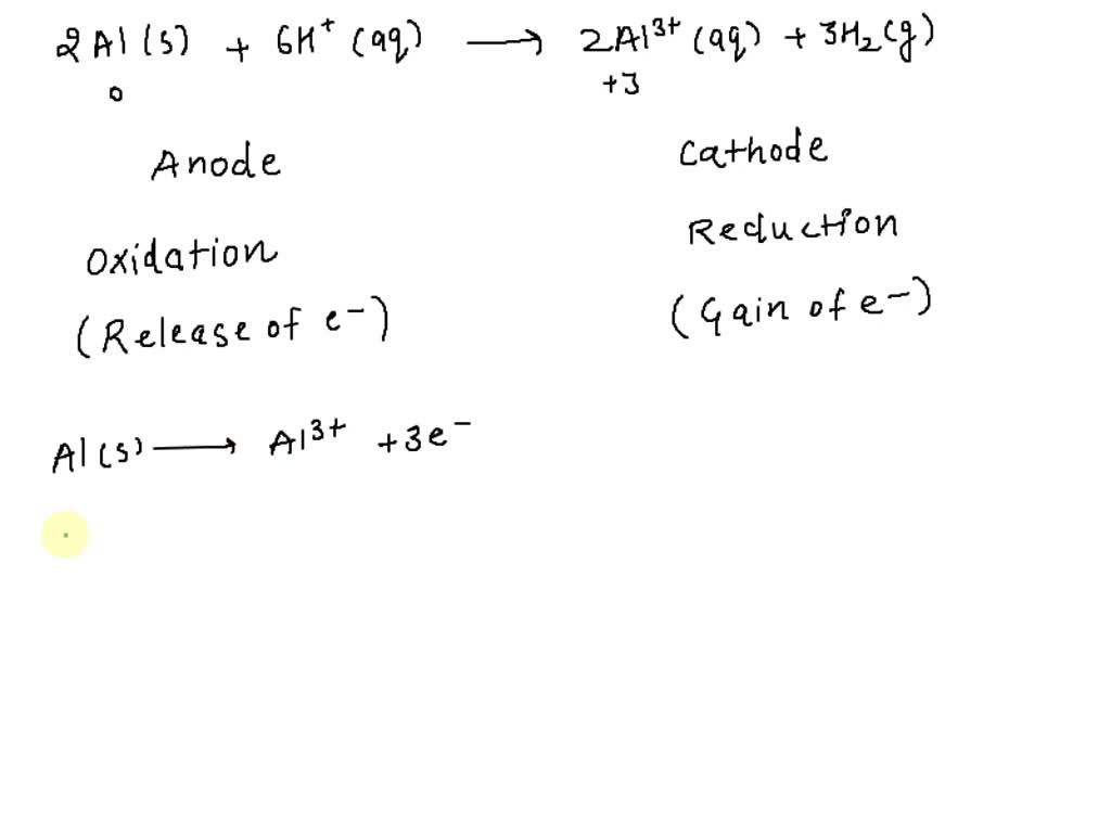 2Al(s) + 6H+(aq) â†’ 2Al3+(aq) + 3H2(g) Anode: Cathode:
