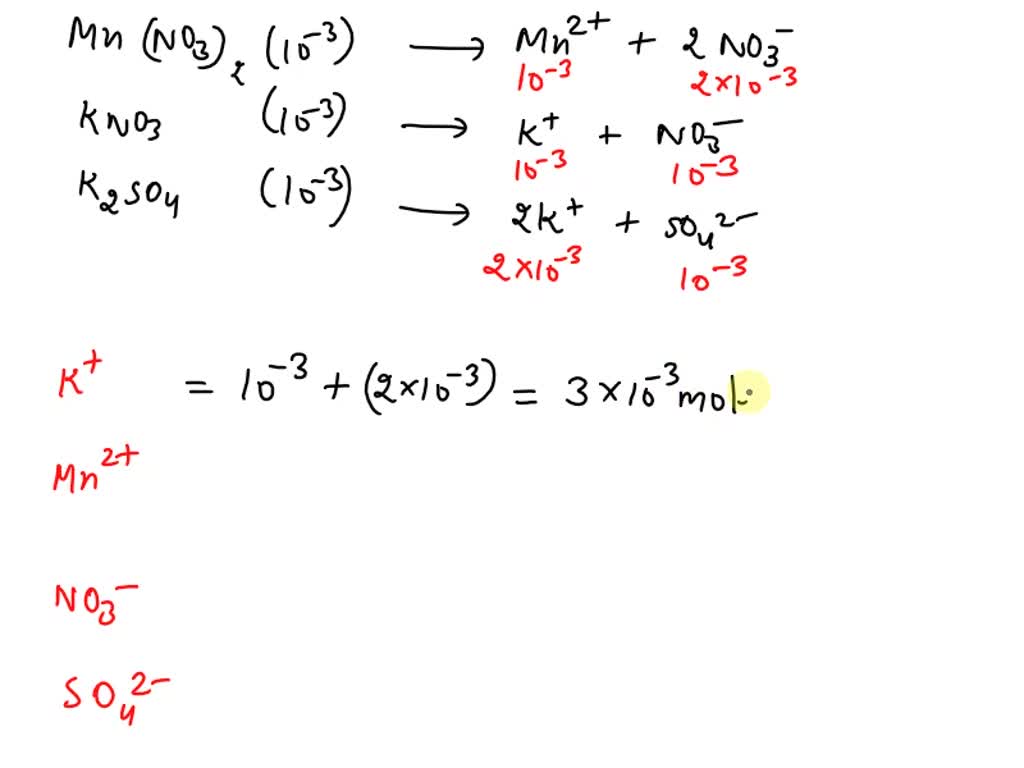 Calculate the molar concentrations of all the cations and anions in a ...