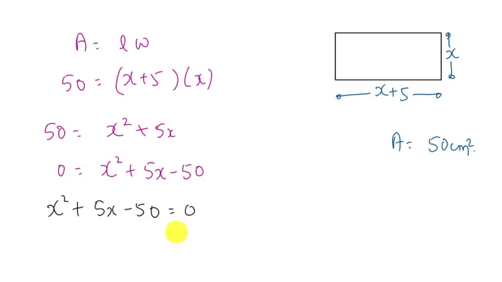 SOLVED: Find the length and width of a rectangle whose length is 5 cm longer than its width and ...