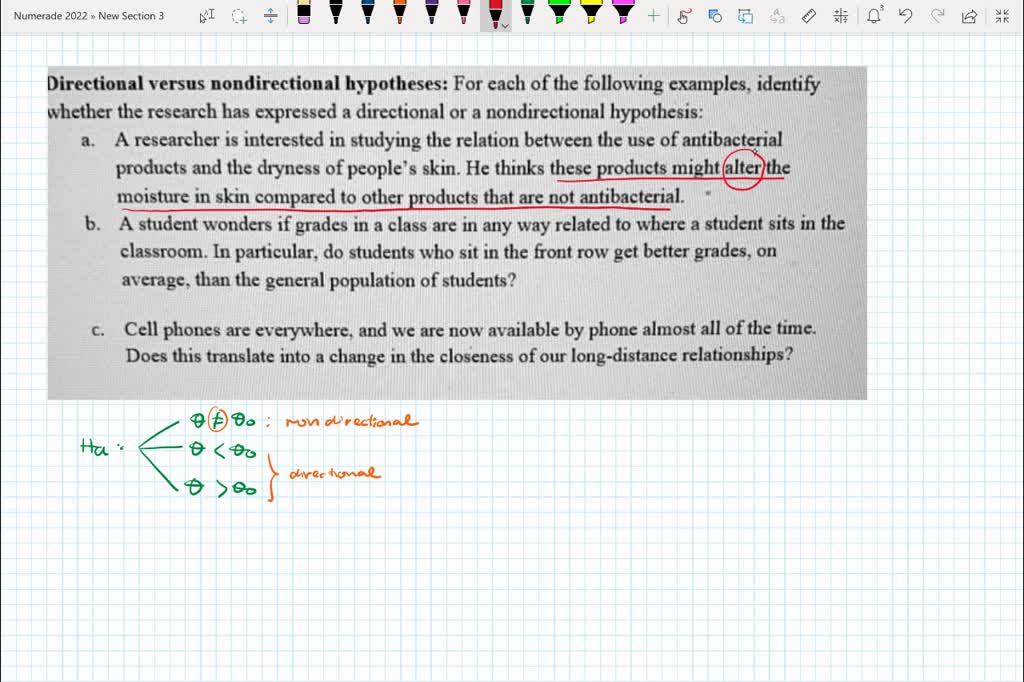 SOLVED: Directional versus nondirectional hypotheses: For each of the ...
