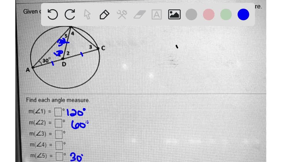 SOLVED: Given circle O with center D and diameter AC in the figure below, find each angle measure.
