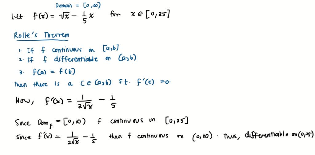 SOLVED: Verify that the function satisfies the three hypotheses of Rolle's Theorem on the given ...