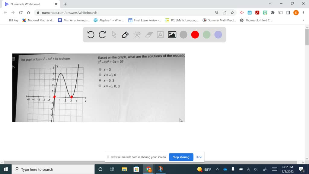 SOLVED: 'The graph of f(x) = x3 -6x2 + 9x is shown. Based on the graph, what are the solutions ...