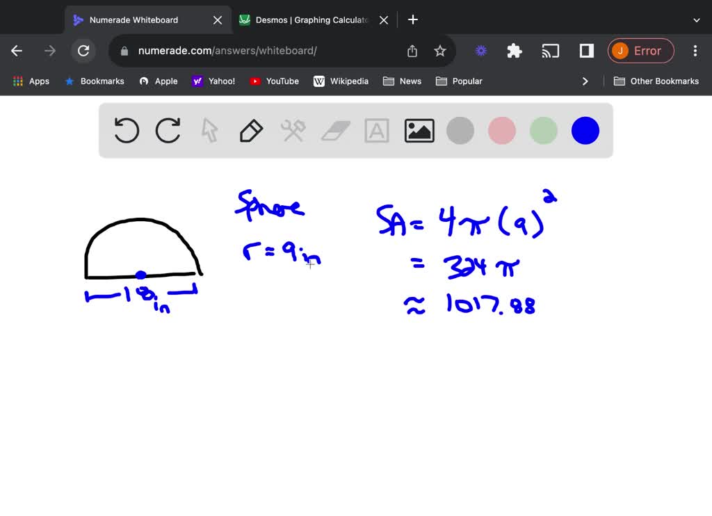 SOLVED: A semicircle with a diameter of 18 inches is rotated about its ...