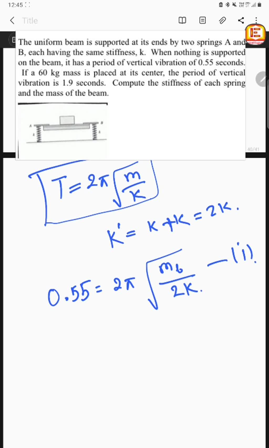 SOLVED: The uniform beam is supported at its ends by two springs A and ...