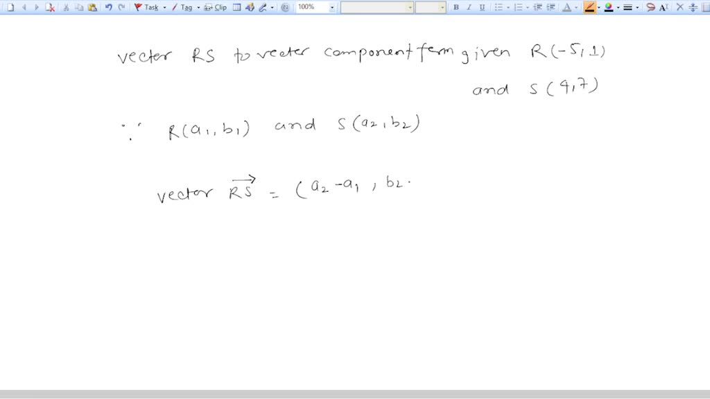 SOLVED: Convert vector RS to vector component form given R (-5,1) ands (4,7 (81,38) (-9,-8) (-1 ...