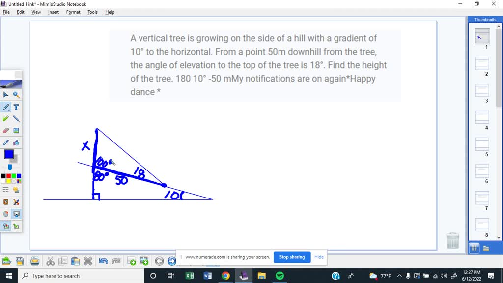 A vertical tree is growing on the side of a hill with a gradient of 10Â ...