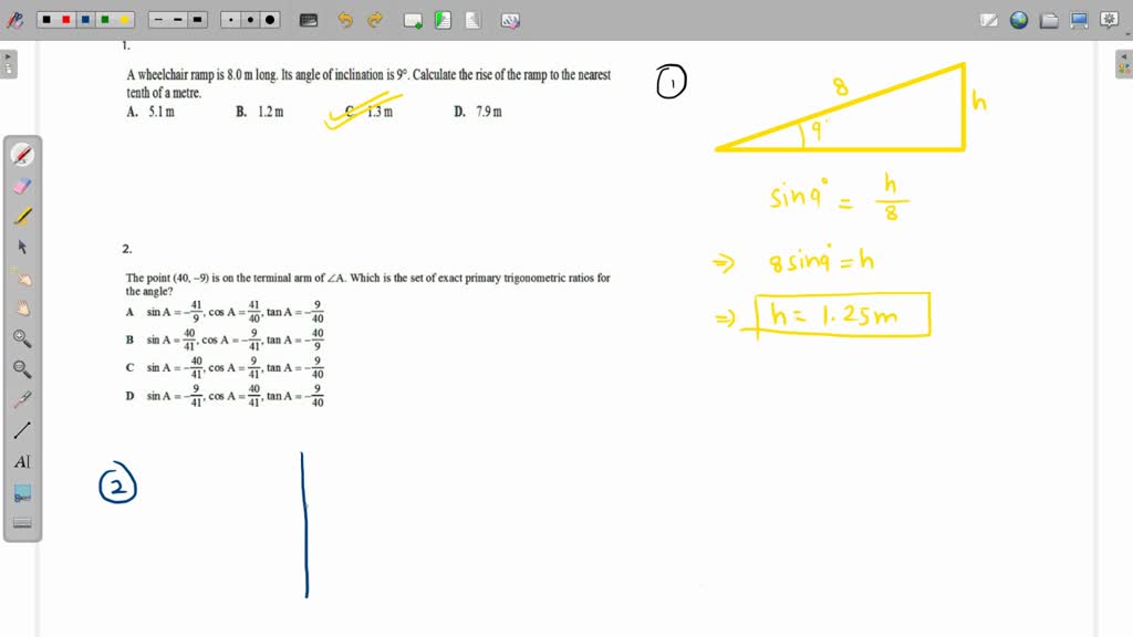 A straight 20 m wheelchair ramp rises 3.48 m. Find the angle that the ...