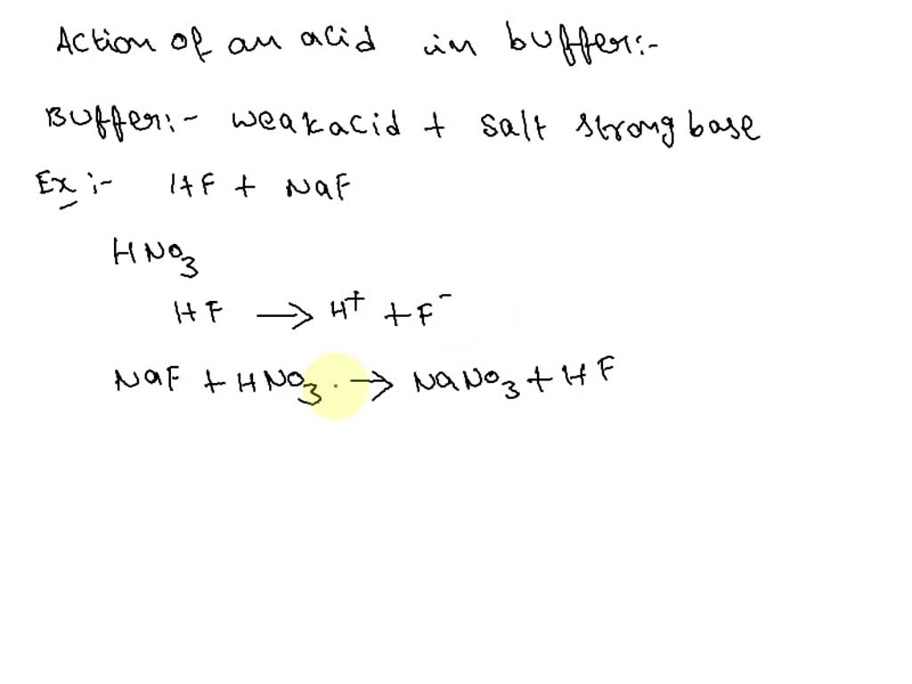 SOLVED: A buffer is composed of HF and NaF. Write the reaction that occurs when HNO3 is added to ...