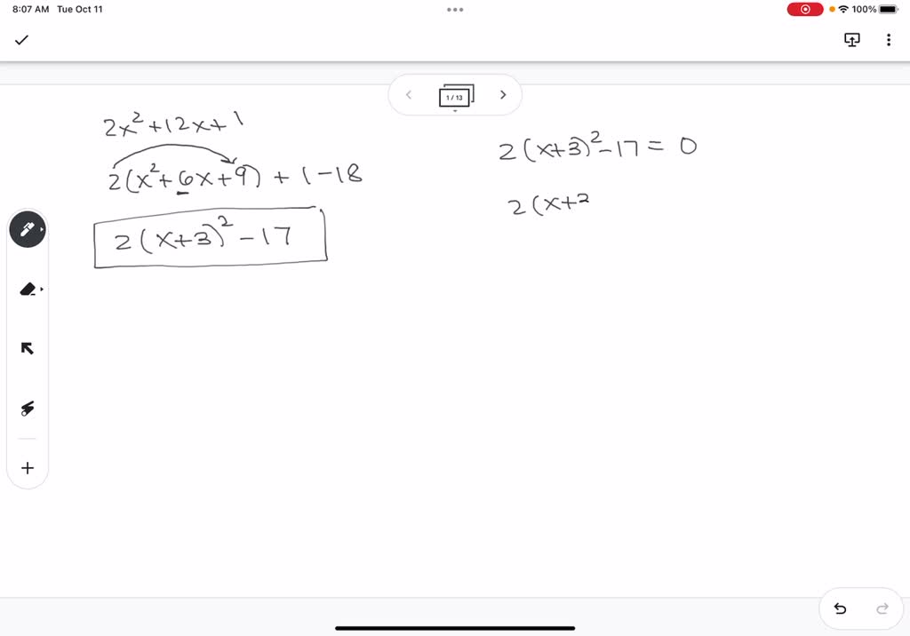 SOLVED: point) (a) Complete the square by writing 2x2 + 12x + 1 in the ...