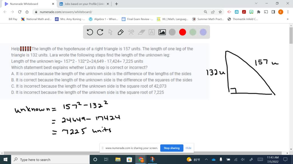 Imara used these steps to find the length of the hypotenuse of the ...