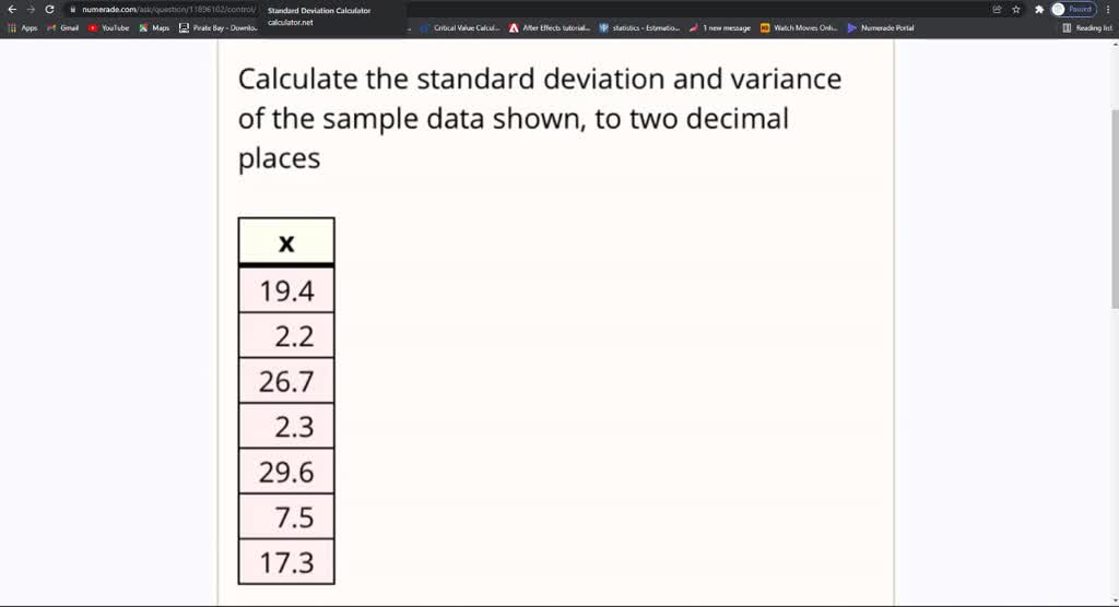 SOLVED: Calculate the standard deviation and variance of the sample ...