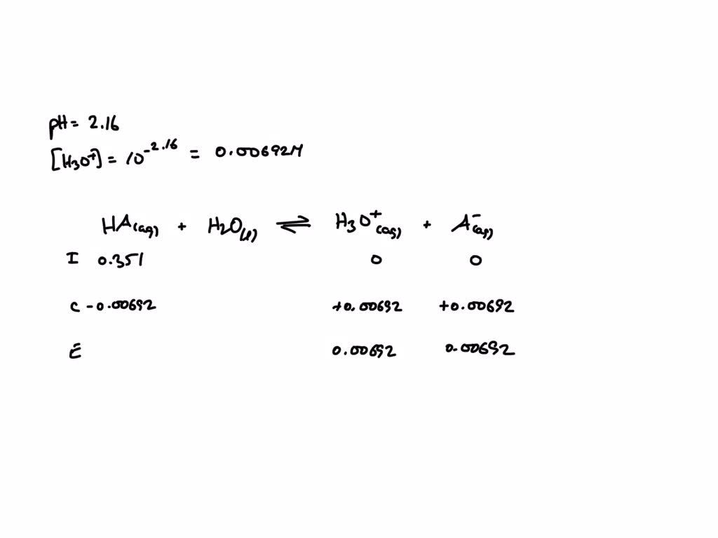 SOLVED: A 0.351 M solution of a weak monoprotic acid has a pH of 2.16 ...