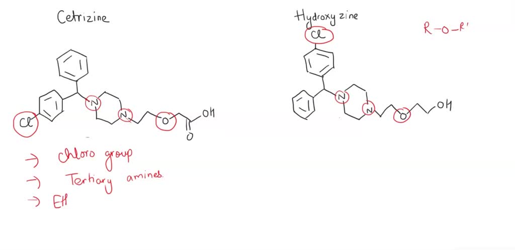 SOLVED: List the four functional groups that Cetirizine and Hydroxyzine ...