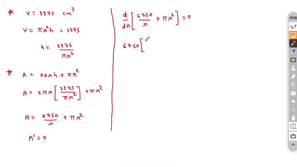 An open-top cylindrical container is to have a volume 3375 cm? What ...