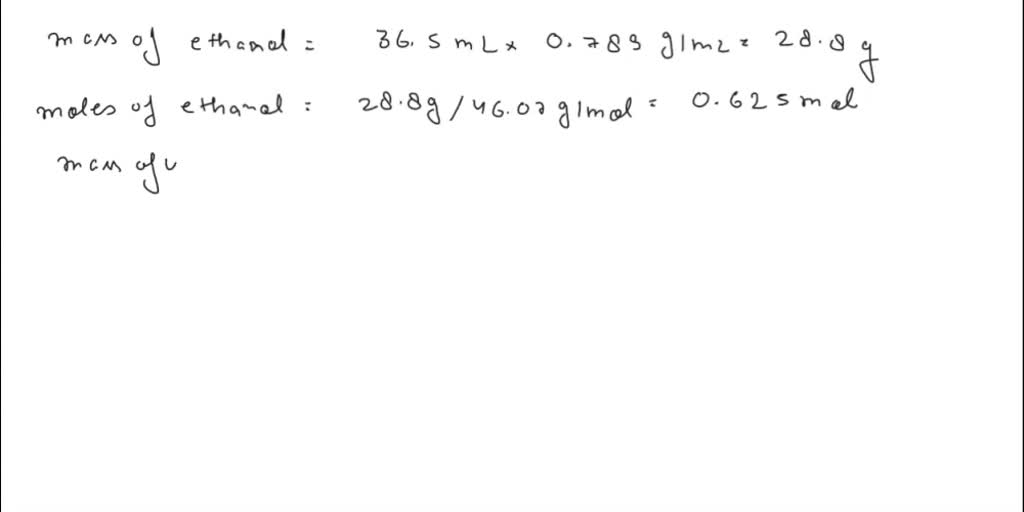SOLVED: A liquor is 36.5% ethanol (CH3CH2OH) by volume. Calculate the ...