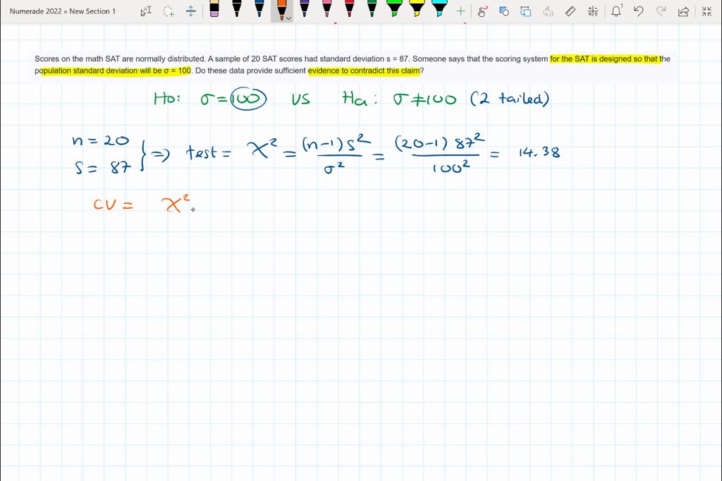SOLVED: Scores on the math SAT are normally distributed. A sample of 20 ...