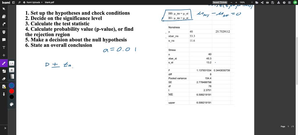 SOLVED: For each of these problems follow the 6-step Hypothesis Testing ...