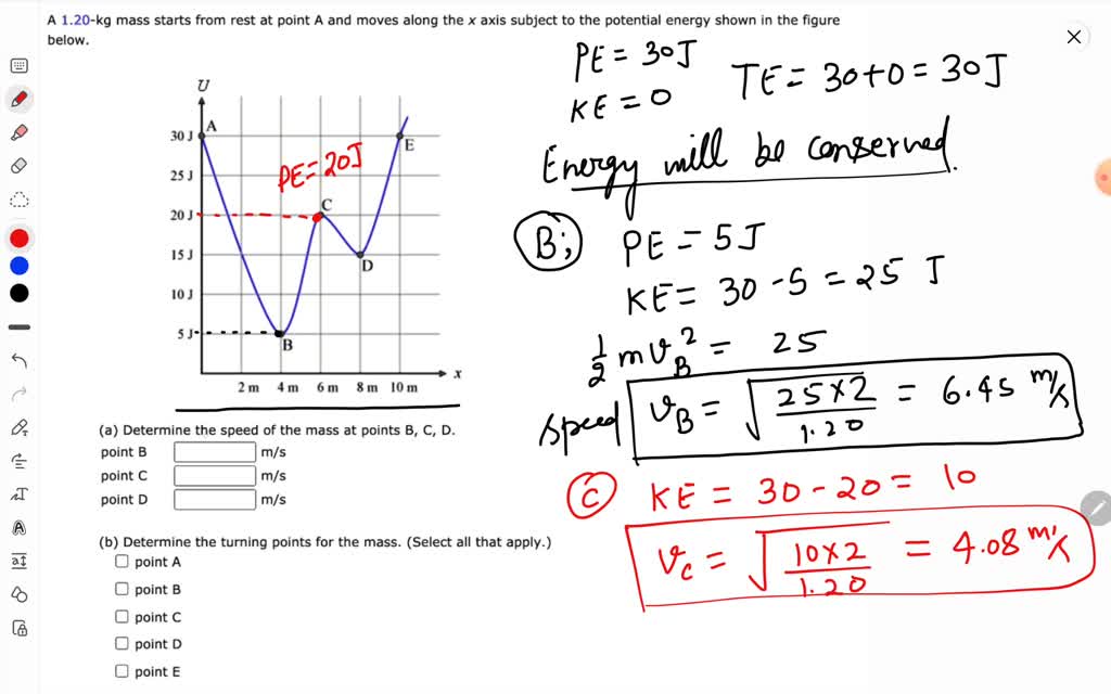 SOLVED: A 1.20-kg mass starts from rest at point and moves along the x ...
