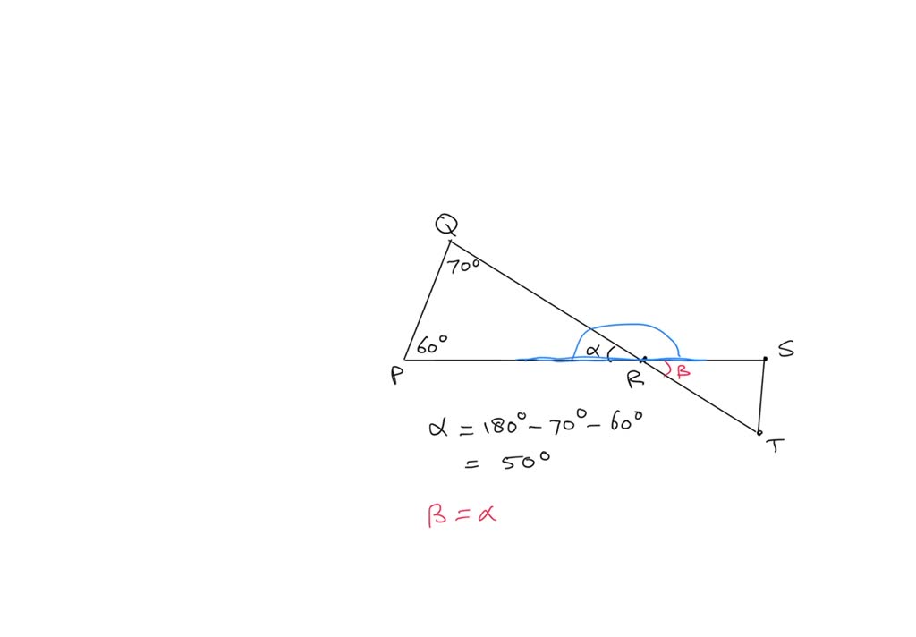 SOLVED: 'Triangle PQR, triangle RST and two angle measures are shown below Line segment QT ...