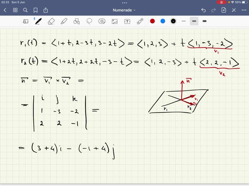 SOLVED: The two lines r1(t) = and r2(t) = intersect at a point. Find an ...