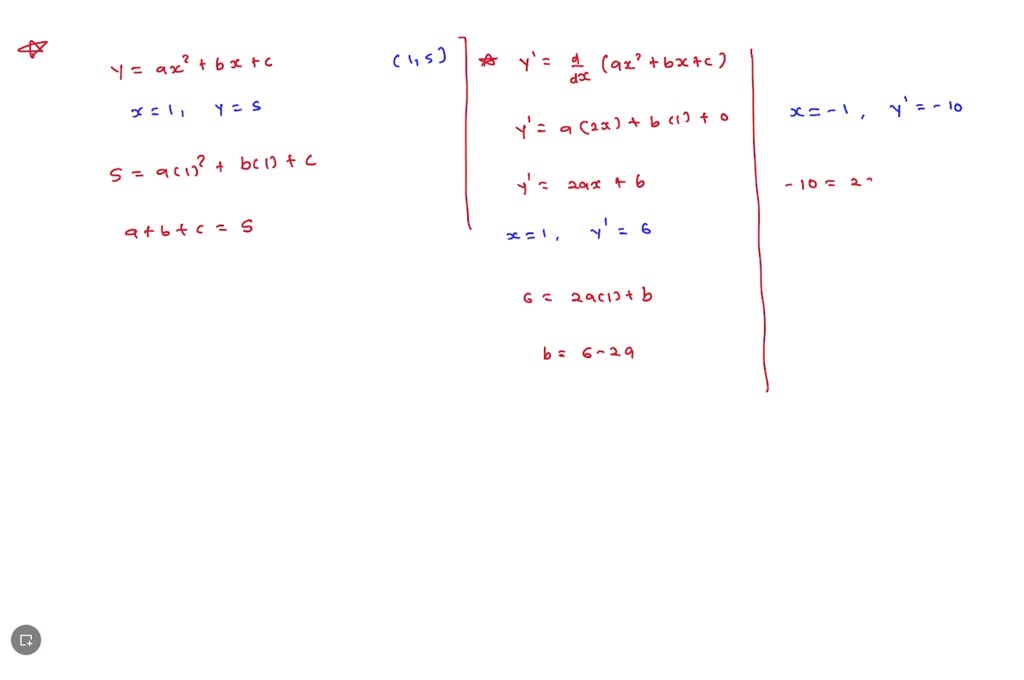 SOLVED: A parabola with equation y = ax2 + bx + c passes through the ...